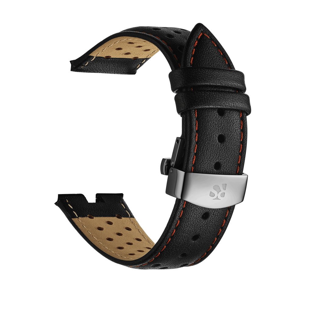 Black Genuine Leather Watch Strap – Orange Stitch, Dual Push Butterfly